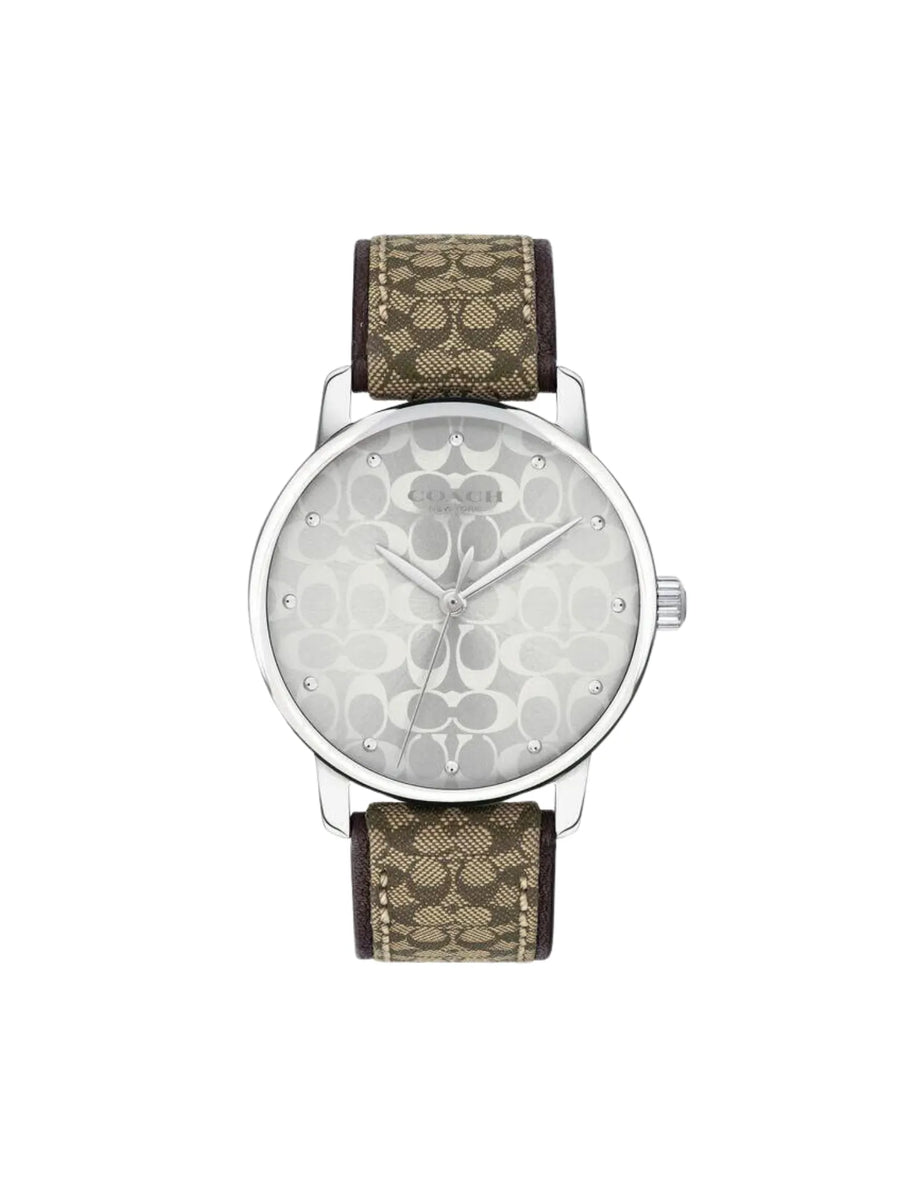 Coach Grand Silver/White Dial Watch Signature Brown Strap – Balilene