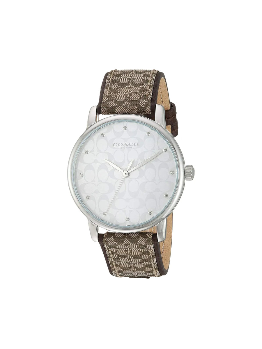 Coach Grand Silver/White Dial Watch Signature Brown Strap – Balilene