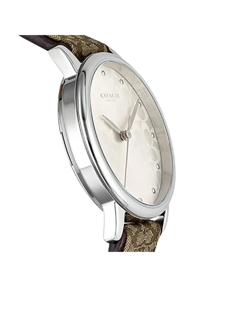 Coach Grand Silver/White Dial Watch Signature Brown Strap – Balilene