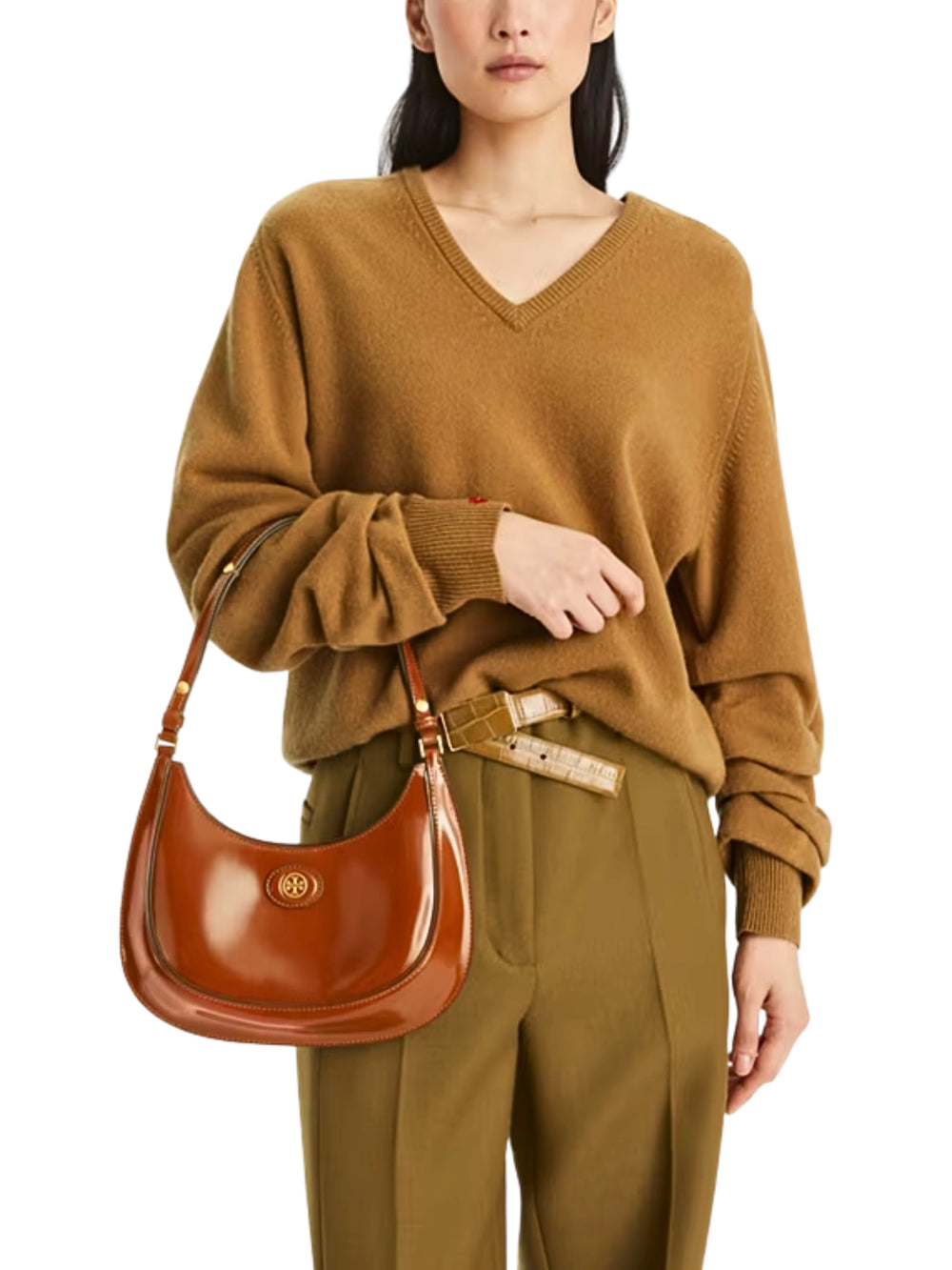 Tory Burch Robinson Spazzolato Convertible Crescent Bag Dark Sienna ...